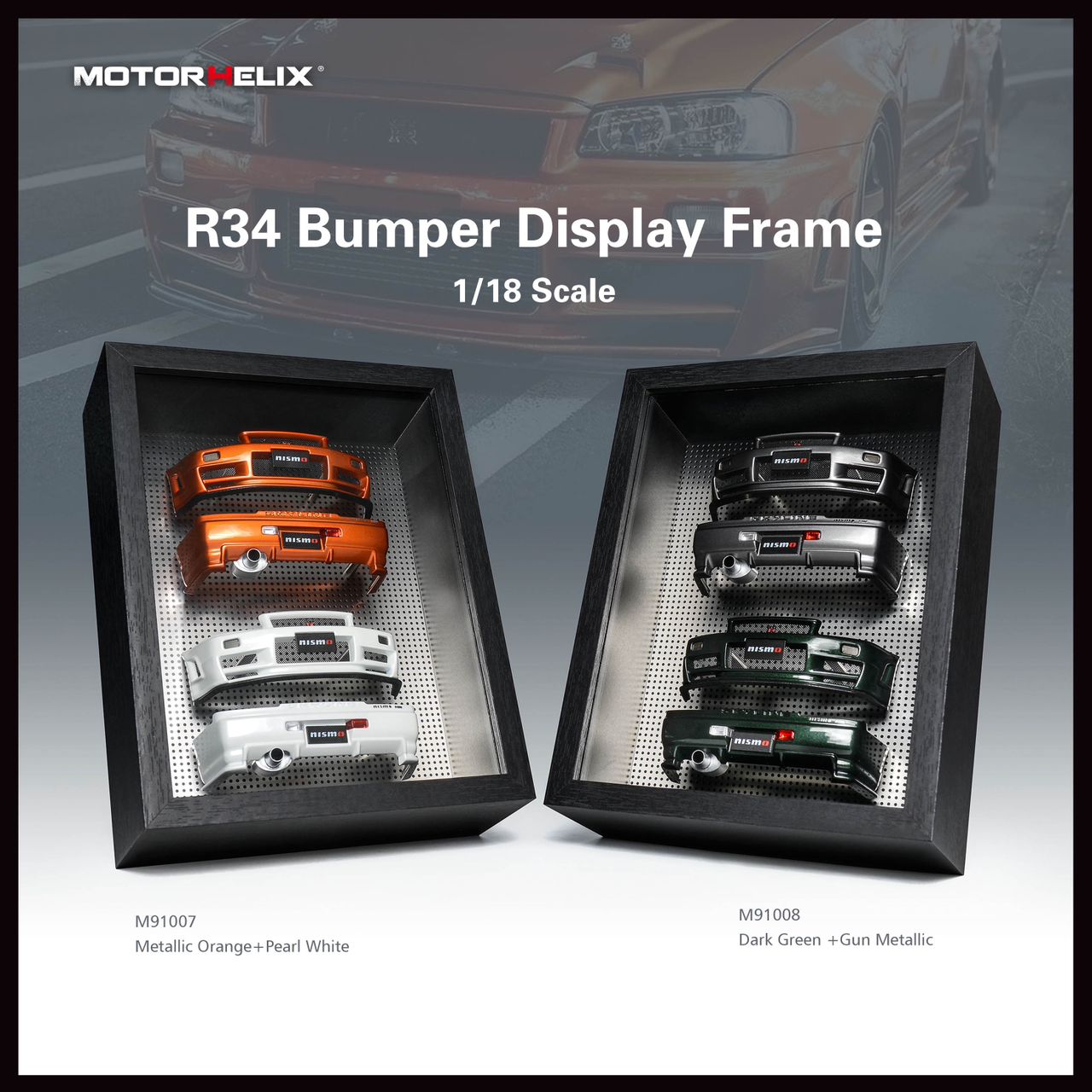 MotorHelix 1:18 Nissan Skyline (R34) Bumper Display Frame in Green / G