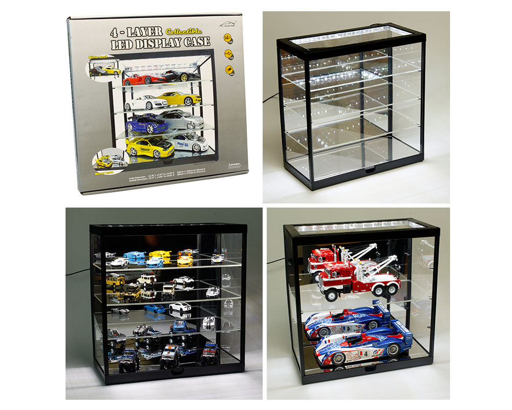 Desktop 4-Level Showcase for Model Cars LED Mirror Display Case in Bla